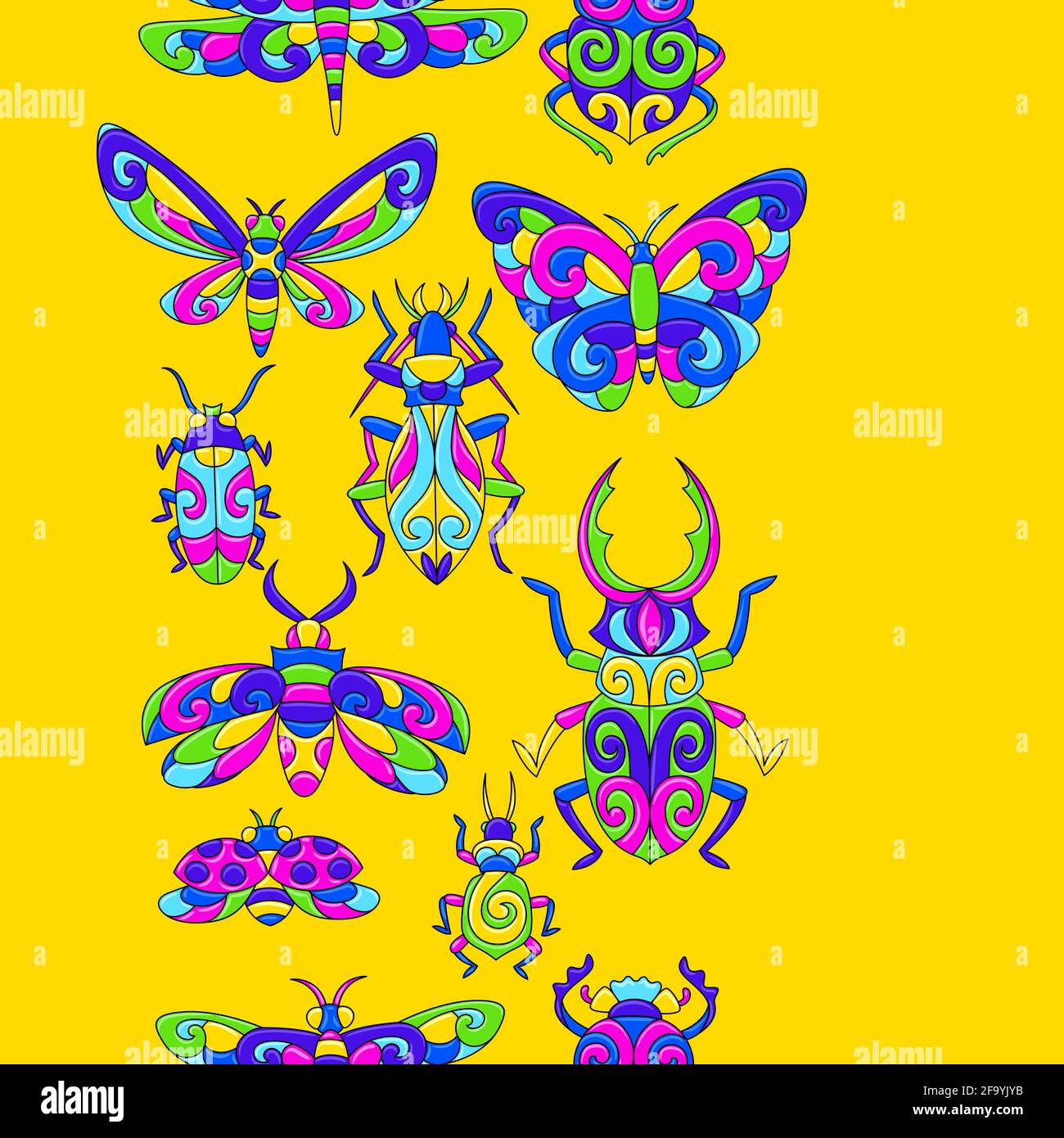 Seamless pattern with stylized bugs and insects. Mexican ceramic cute ...