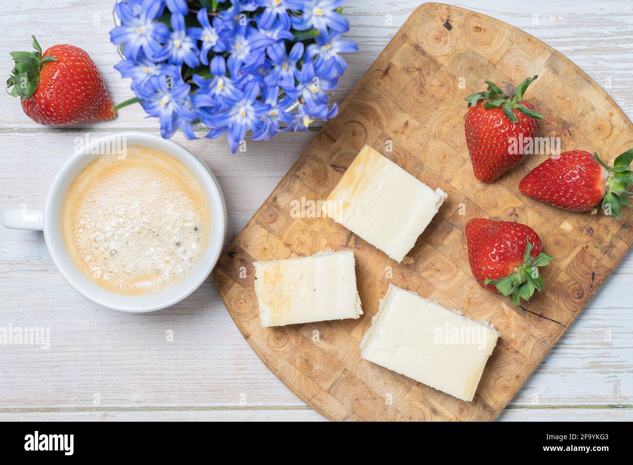Ripe, red strawberries, pieces of pie with cottage cheese, coffee ...