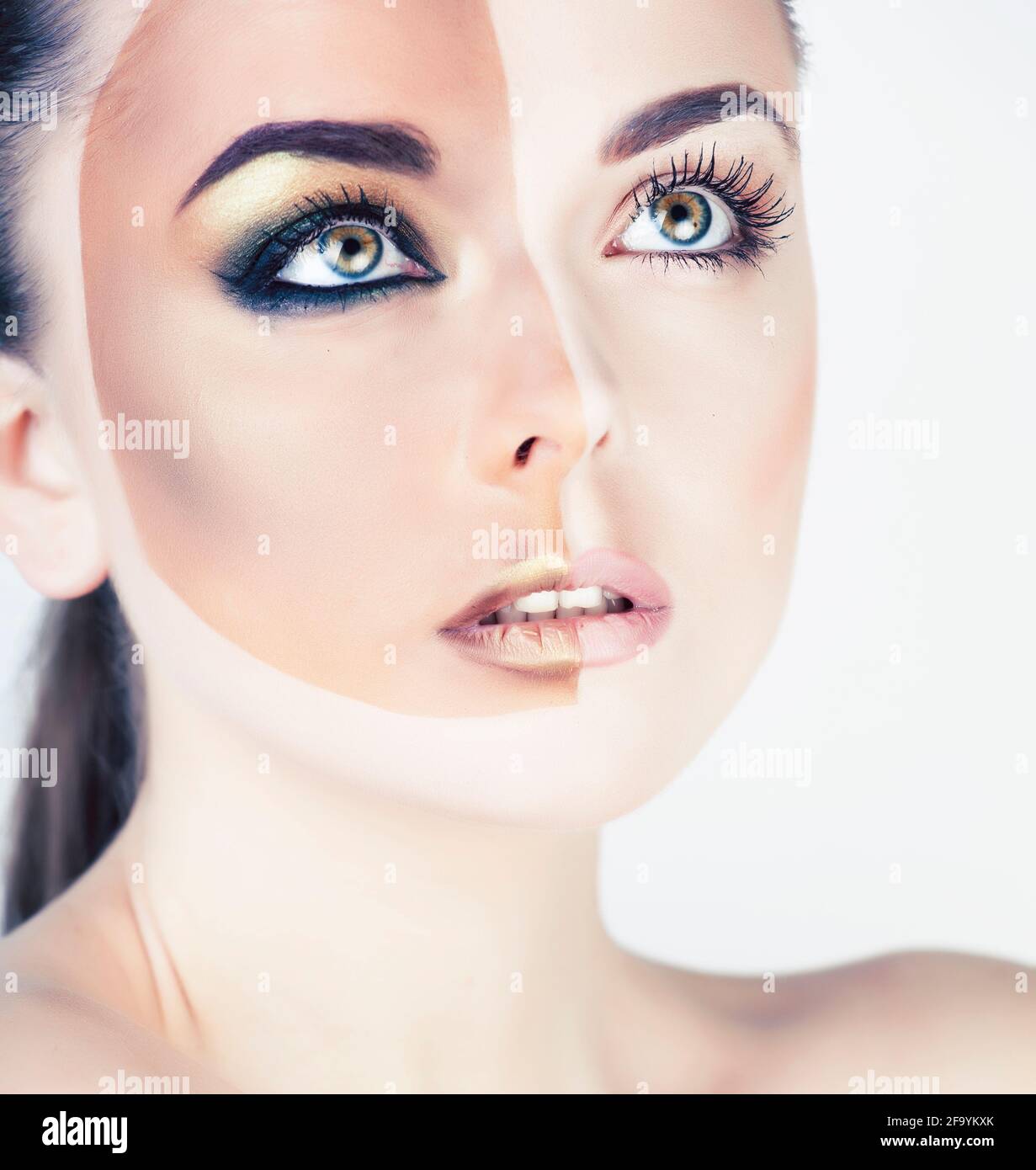 half faced woman with creative makeup like before sunbathe and after ...