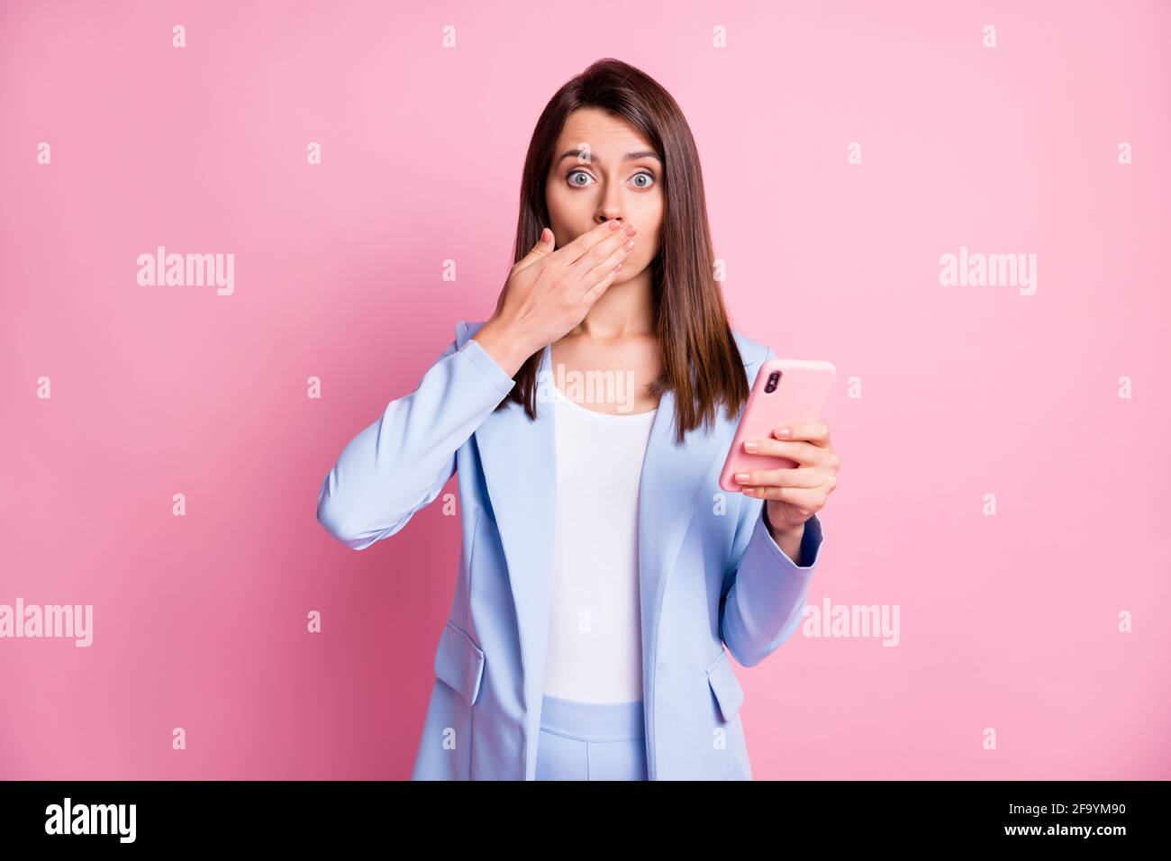 Photo of young girl nervous panic problem hand cover lips hold ...