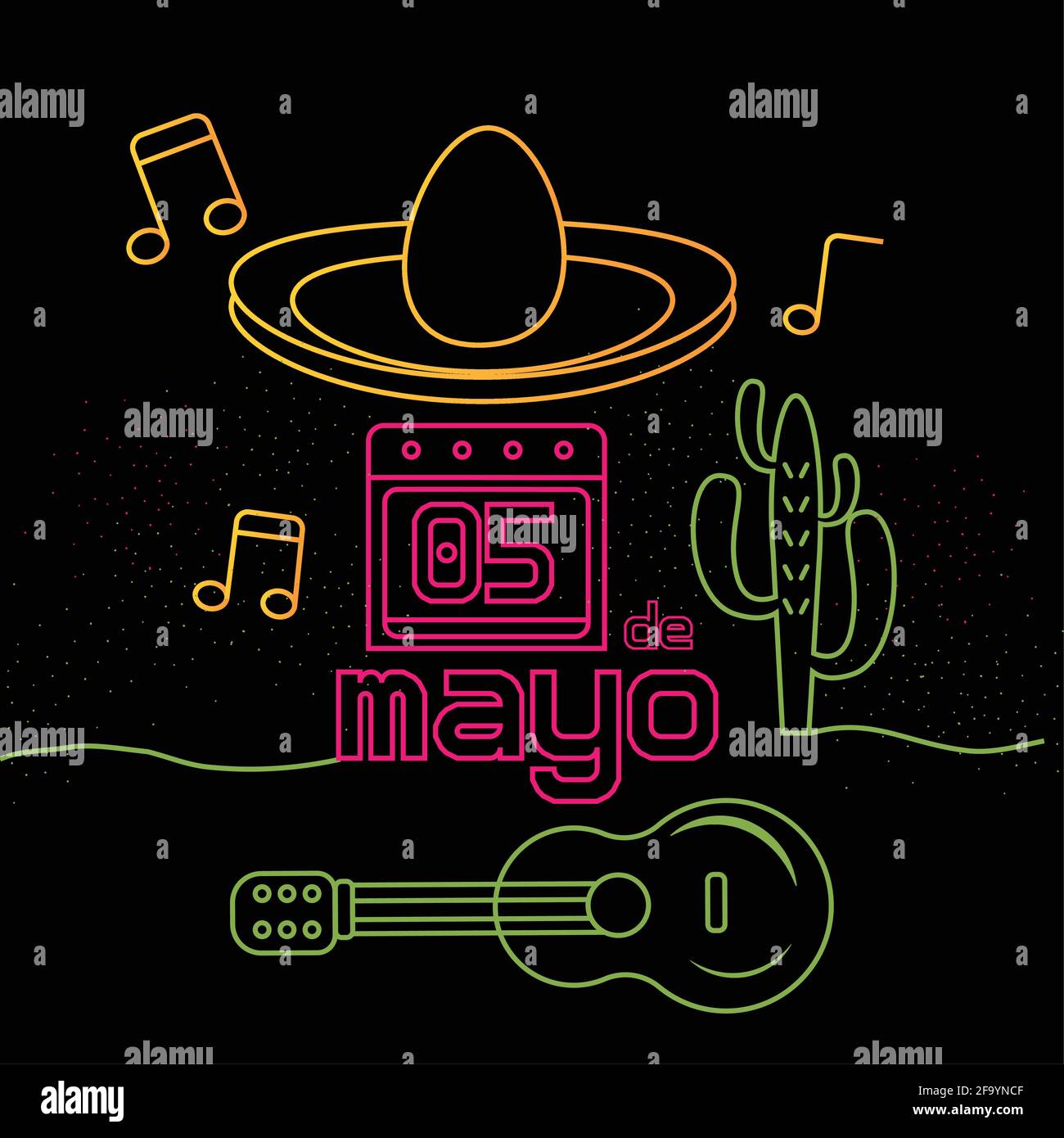 Neon poster of cinco de mayo. Hat, cactus and guitar - Vector Stock ...