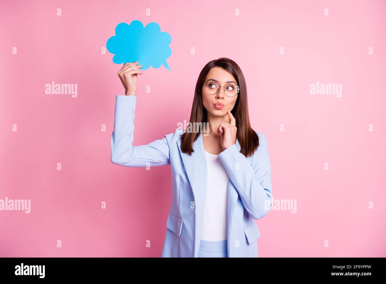 Photo of young attractive woman hold mind paper cloud dreamy curious ...