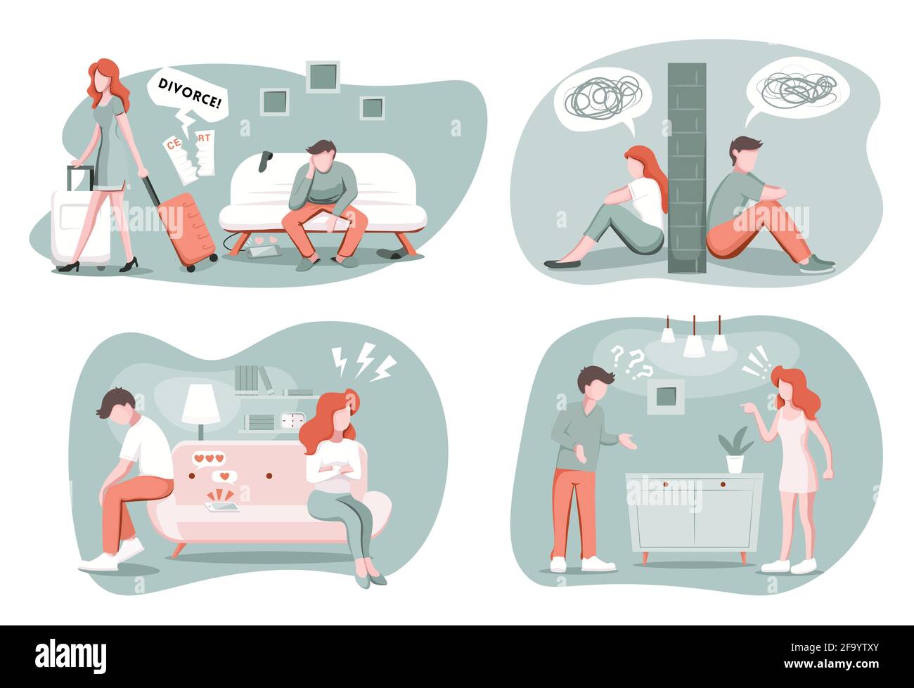 Divorce Breakup Separation Concept Set Depressed Man And Woman
