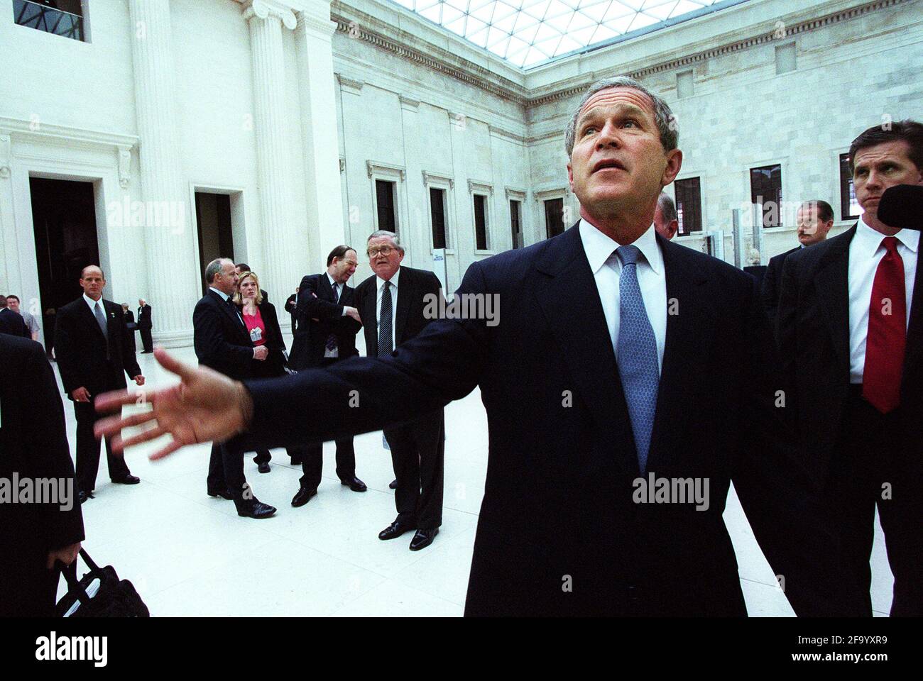 U.S. President George Bush makes a visit to the Reading Room at the ...