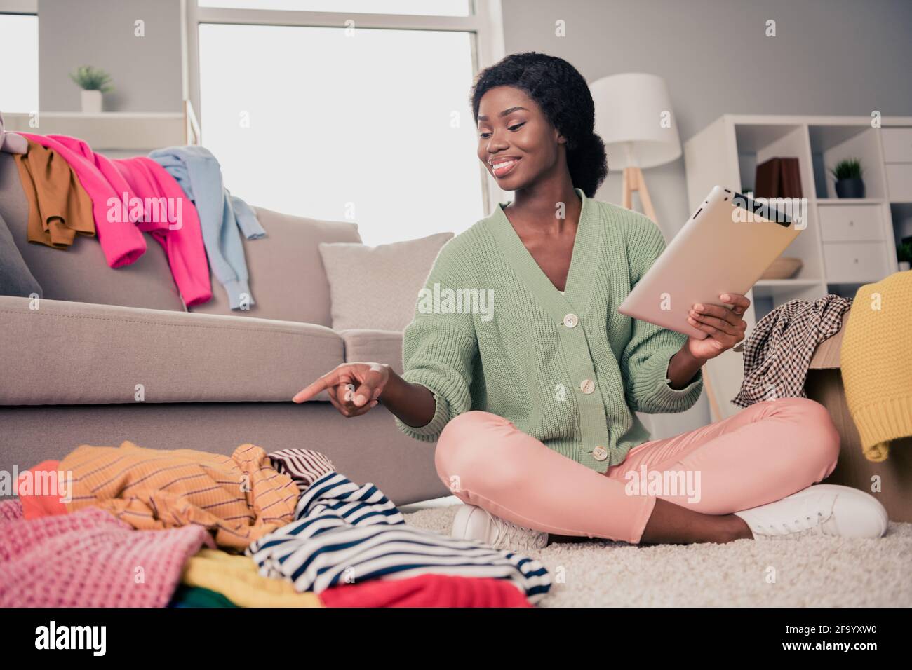 Full length photo of young black girl happy positive smile do online ...