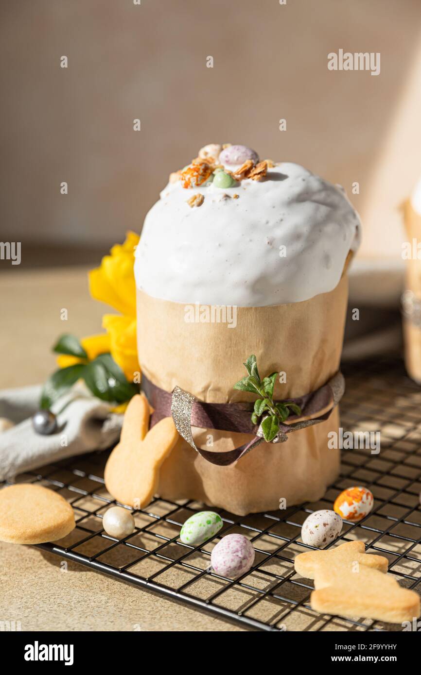 Kulich. Traditional Orthodox Easter sweet bread decorated with meringue ...