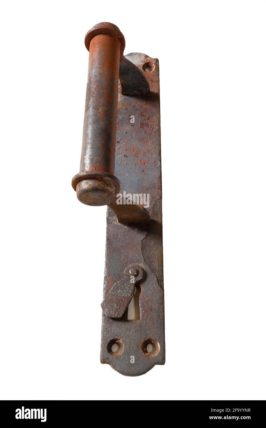 Rusty door handle insulated on white background. An old piece of iron ...