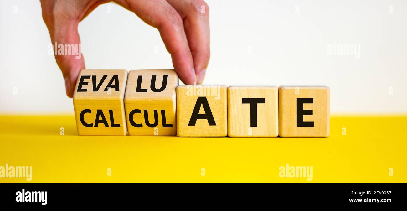 Calculate or evaluate symbol. Businessman turns wooden cubes and ...