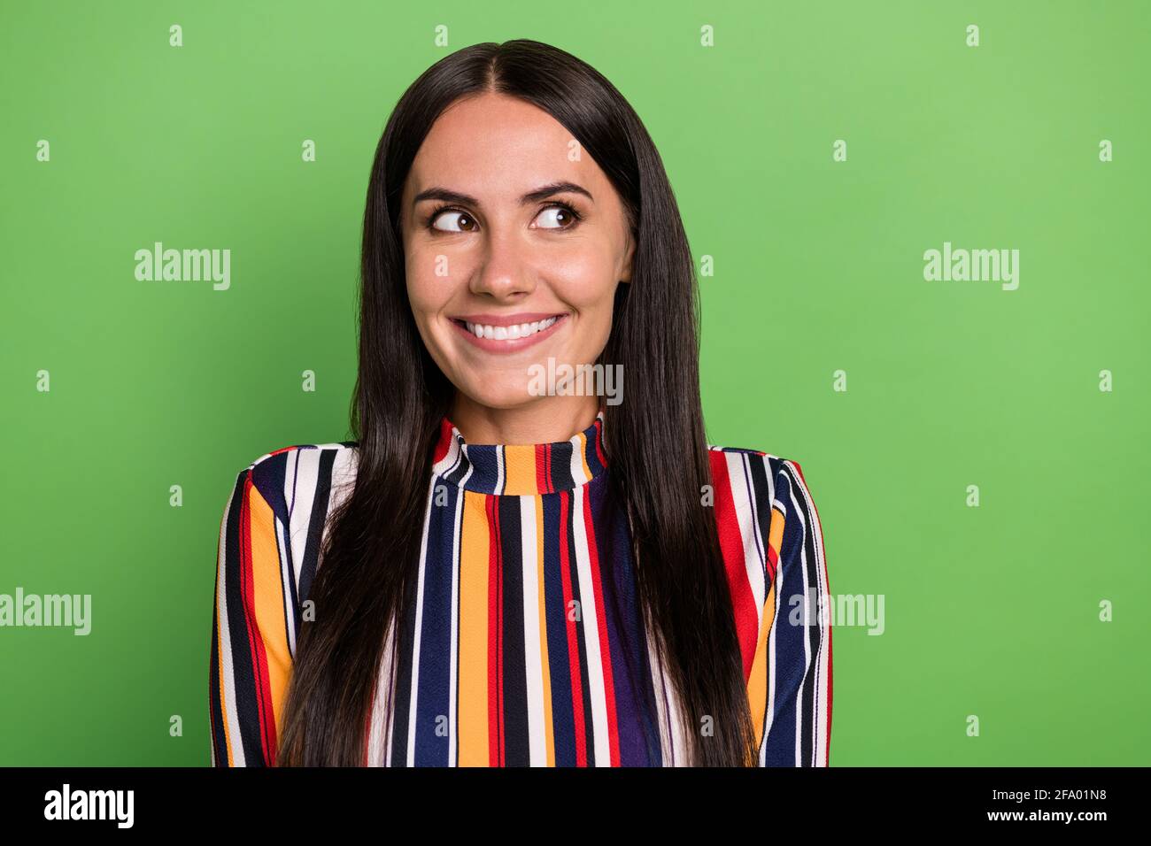 Portrait Of Attractive Cheerful Funny Curious Girl Thinking Copy Space