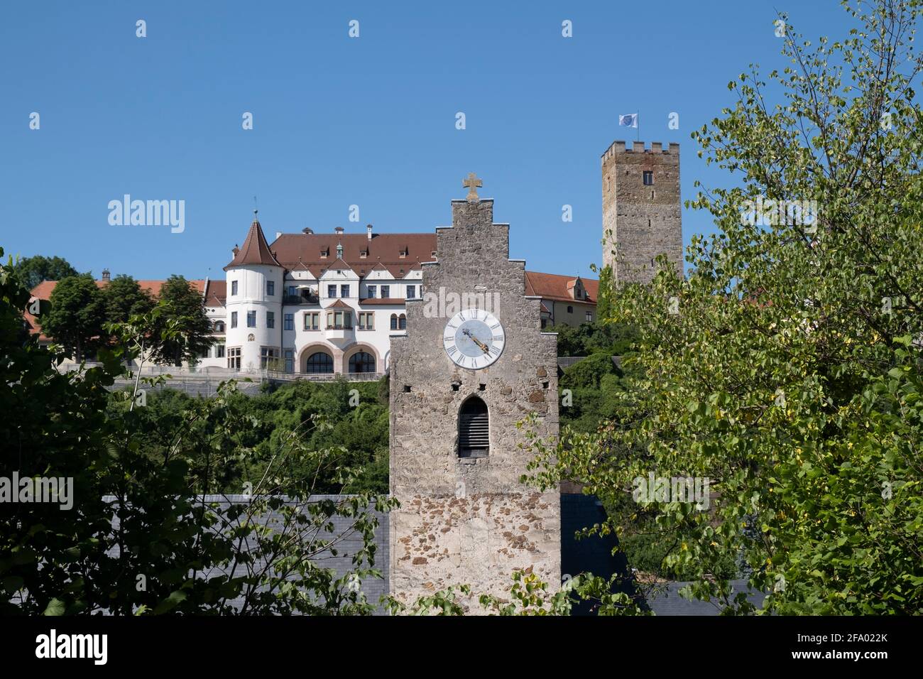 Church tower and Schloss Neubeuern Castle in the background, Upper ...