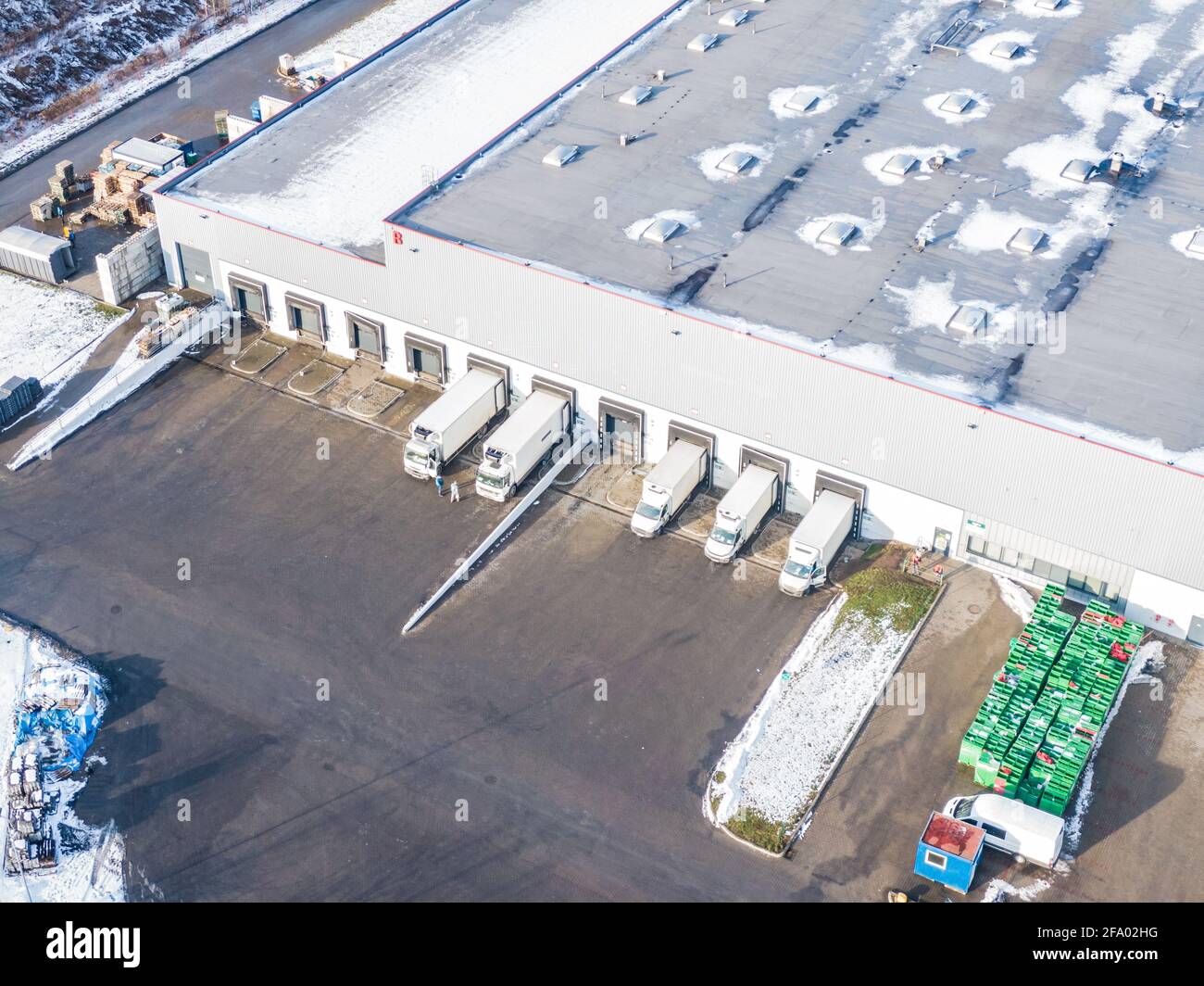 Aerial view of the logistics park with warehouse, loading hub and many ...