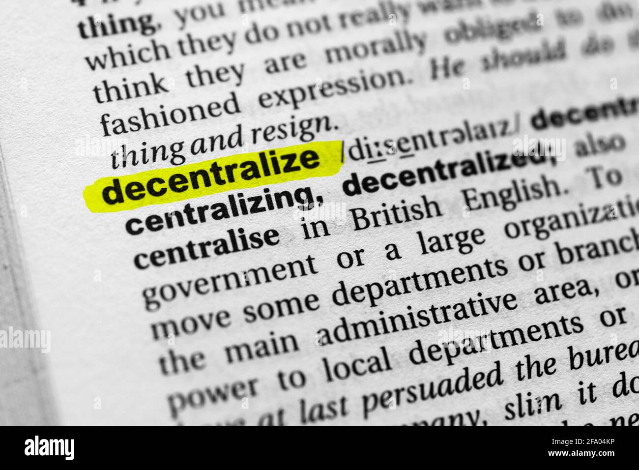Highlighted word decentralize concept and meaning Stock Photo - Alamy