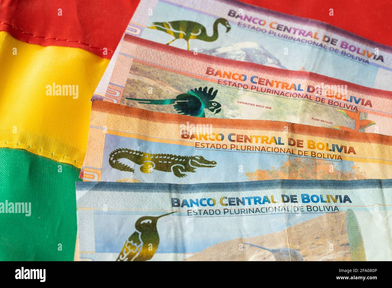 Bolivian currency on the background of the national flag, various ...