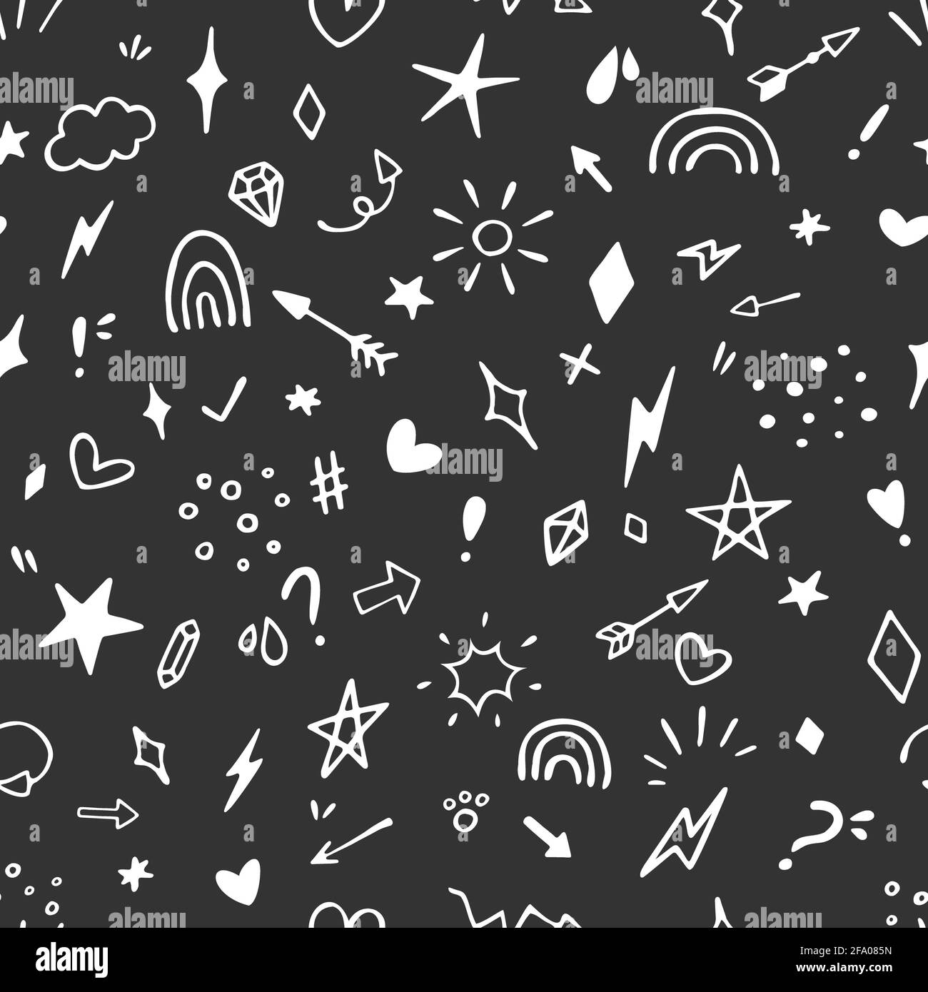 Vector seamless pattern with different stars, sparkles, arrows, hearts ...