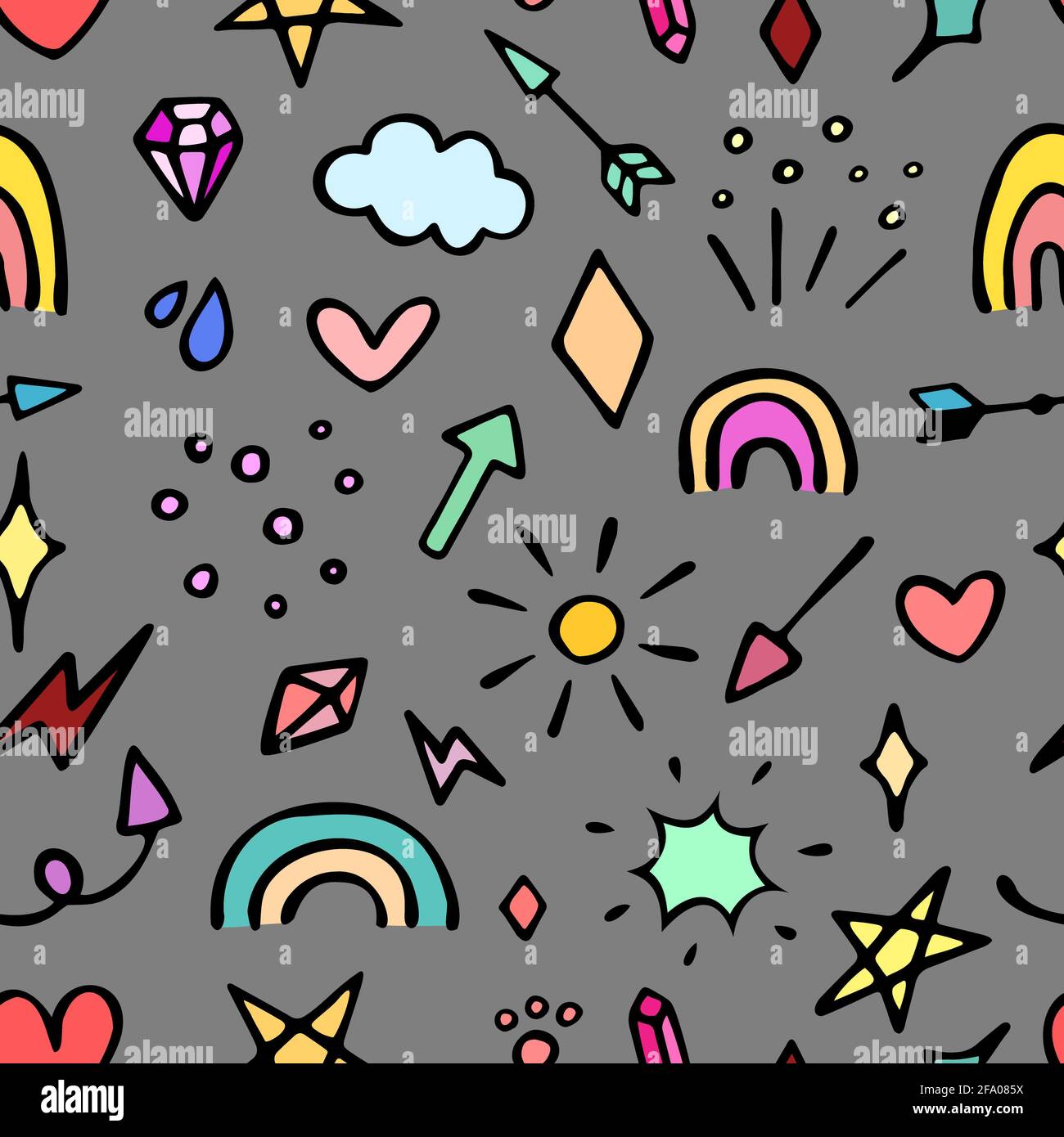 Vector seamless colorful pattern with different stars, sparkles, arrows ...