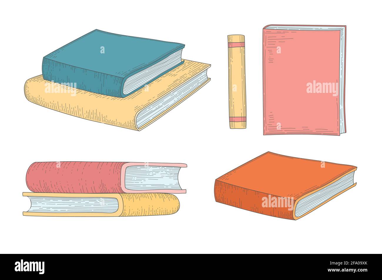 Vertical stack of old historical books in hardbacks with bookmarks isolated on white background ...