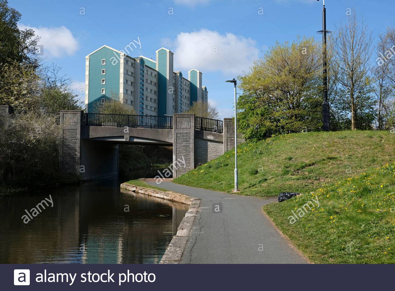 Wester Hailes tower blocks and the Union Canal towpath, Edinburgh ...