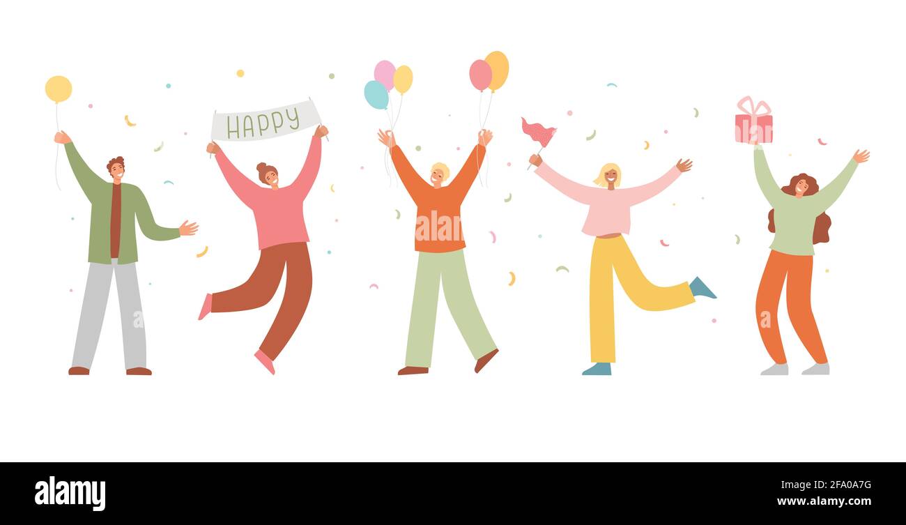 Group of happy people raising hands celebrating holiday with colorful confetti vector flat ...