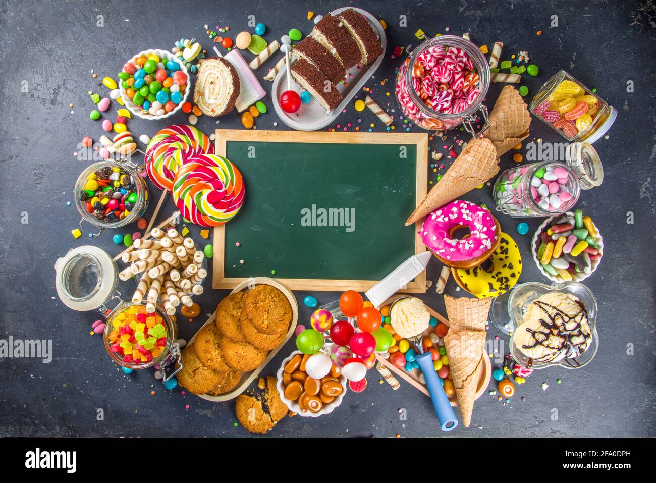 Selection of colorful sweets. Set of various candies, chocolates ...