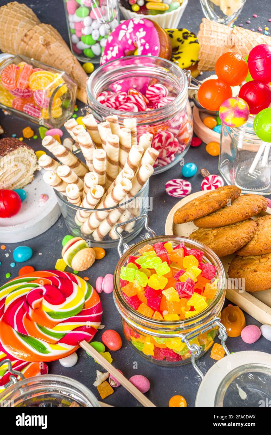 Selection of colorful sweets. Set of various candies, chocolates ...