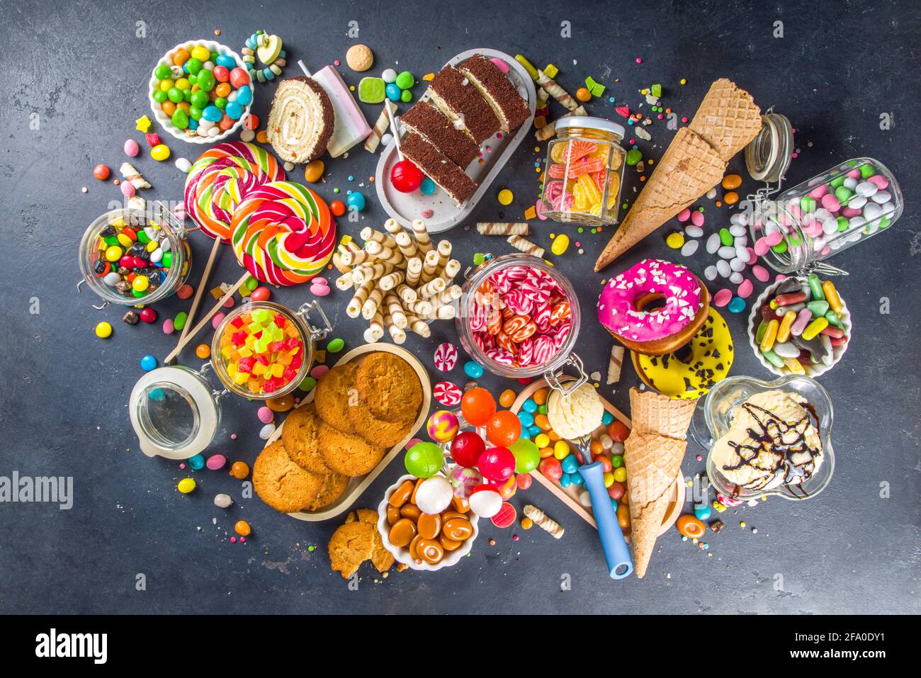 Selection of colorful sweets. Set of various candies, chocolates ...