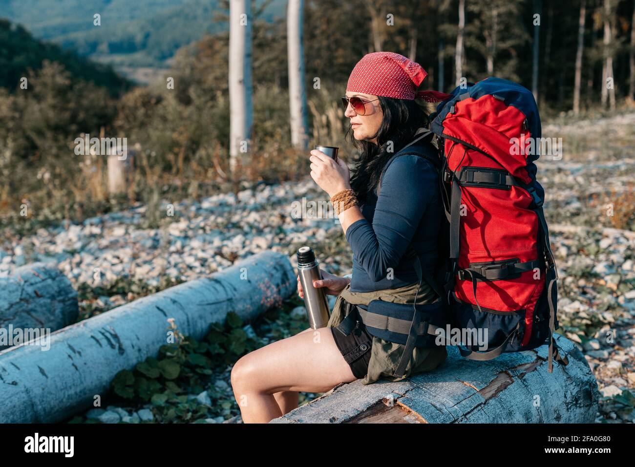A woman hiker taking a break sitting on a fallen tree. A young female ...