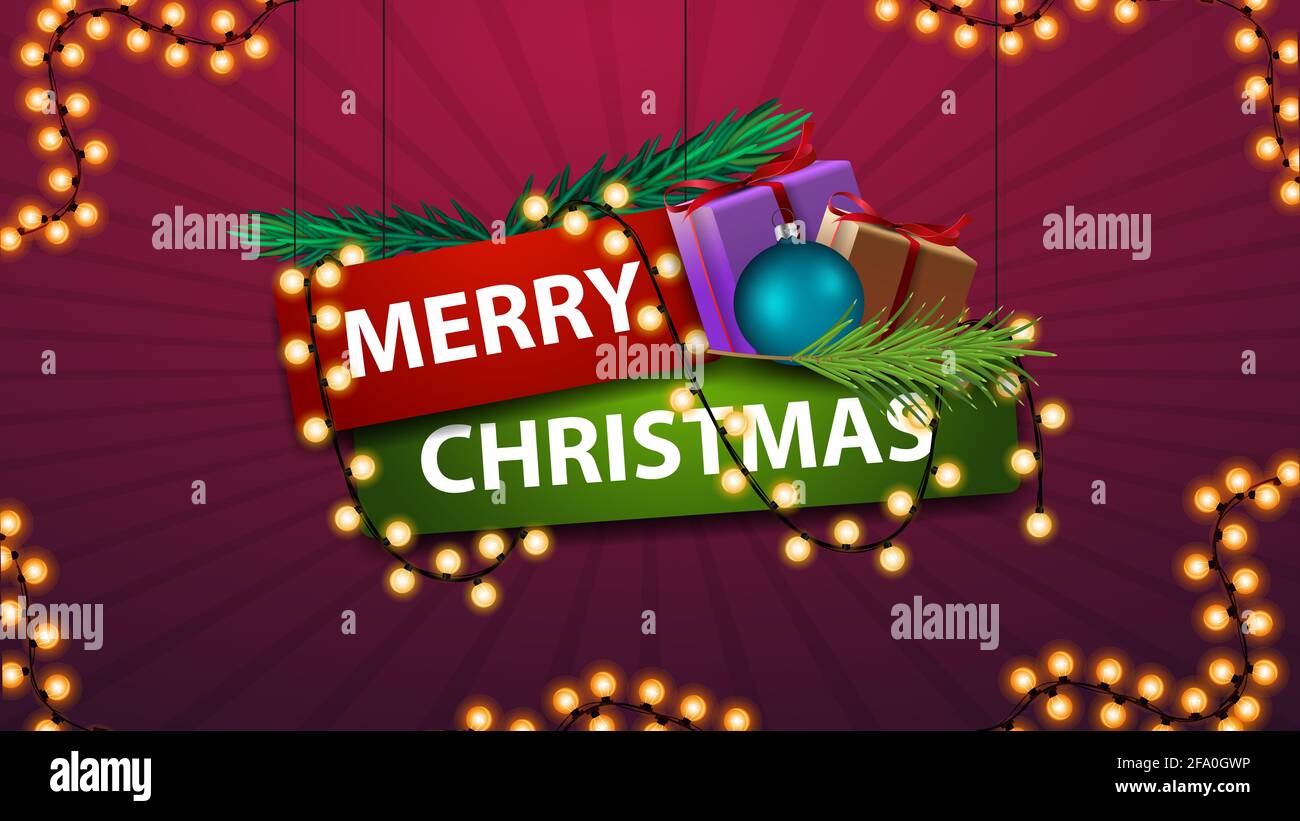 Merry Christmas, sign in cartoon style with gifts and garland. Emblem ...