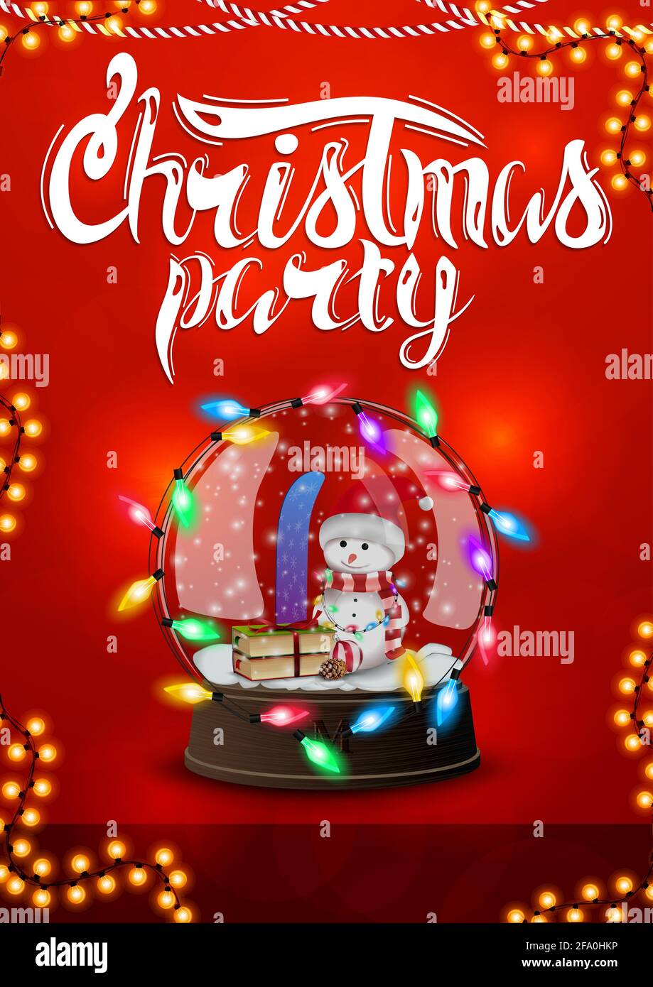 Red Christmas party poster with garland and snow globe with snowman ...