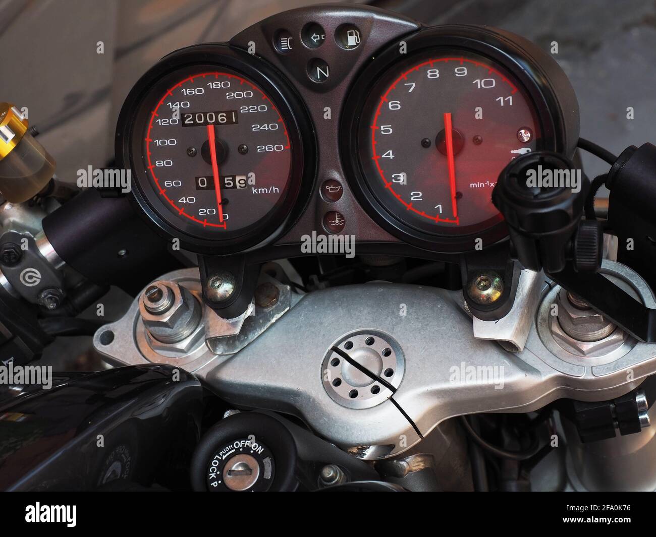 Motorcycle dashboard with two round speedometers. Closeup photo Stock ...