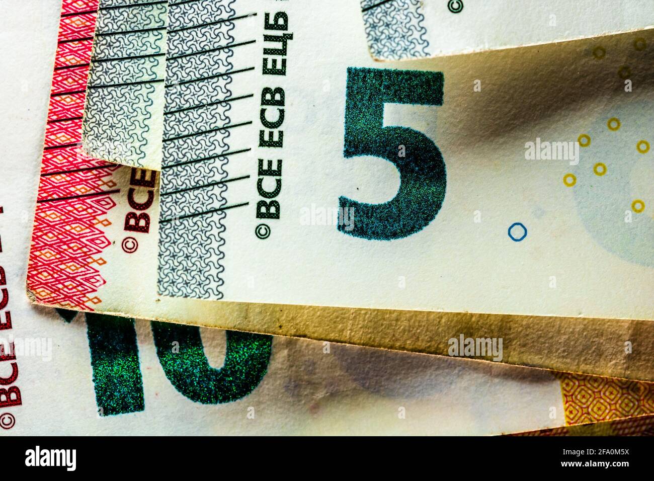 Closeup of 5 EURO banknote details - world money, inflation and economy ...