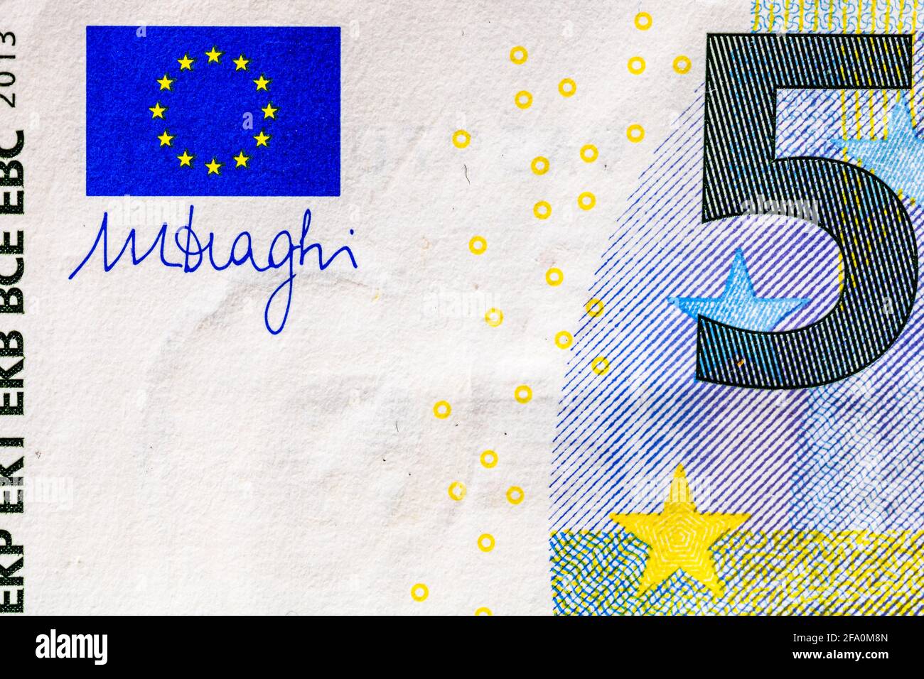 Closeup of 5 EURO banknote details - world money, inflation and economy ...
