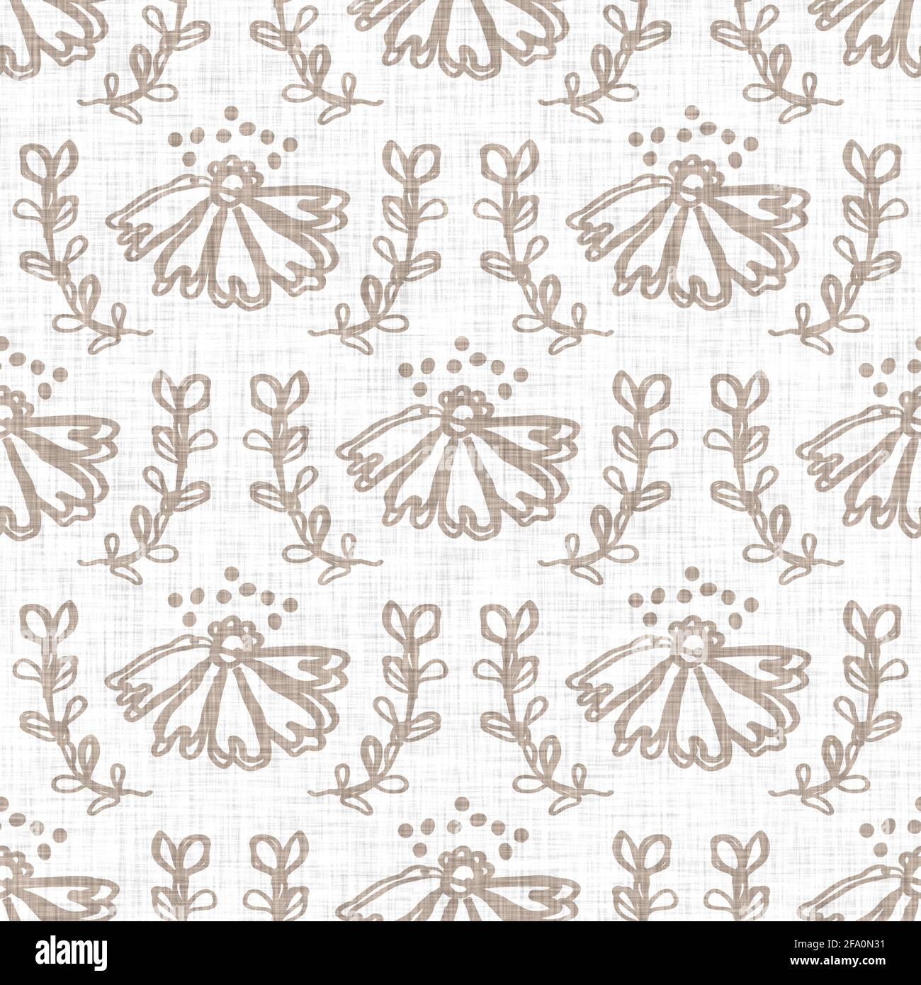 Seamless linen doodle floral pattern background. Calm boho earthy tone ...