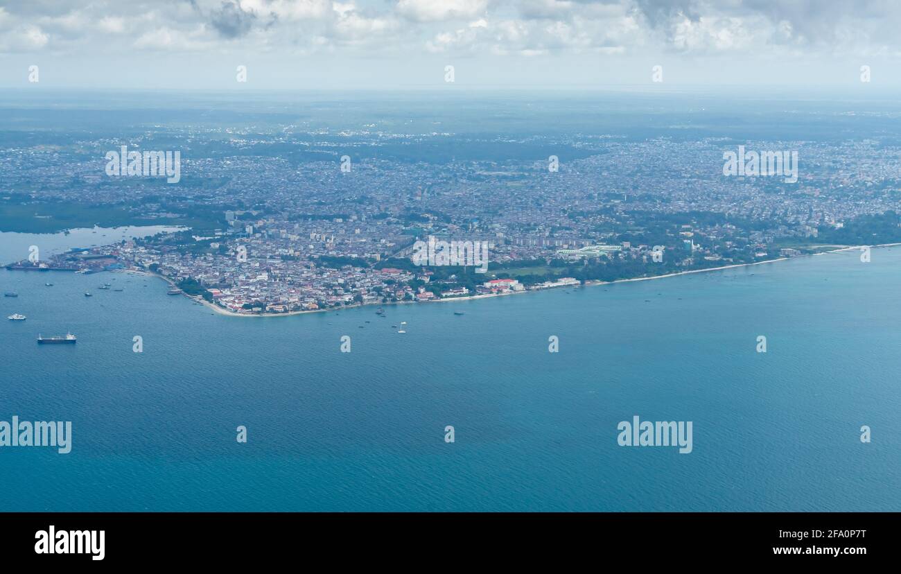 Aerial view on Stone Town, the major city of Zanzibar. Zanzibar is a ...
