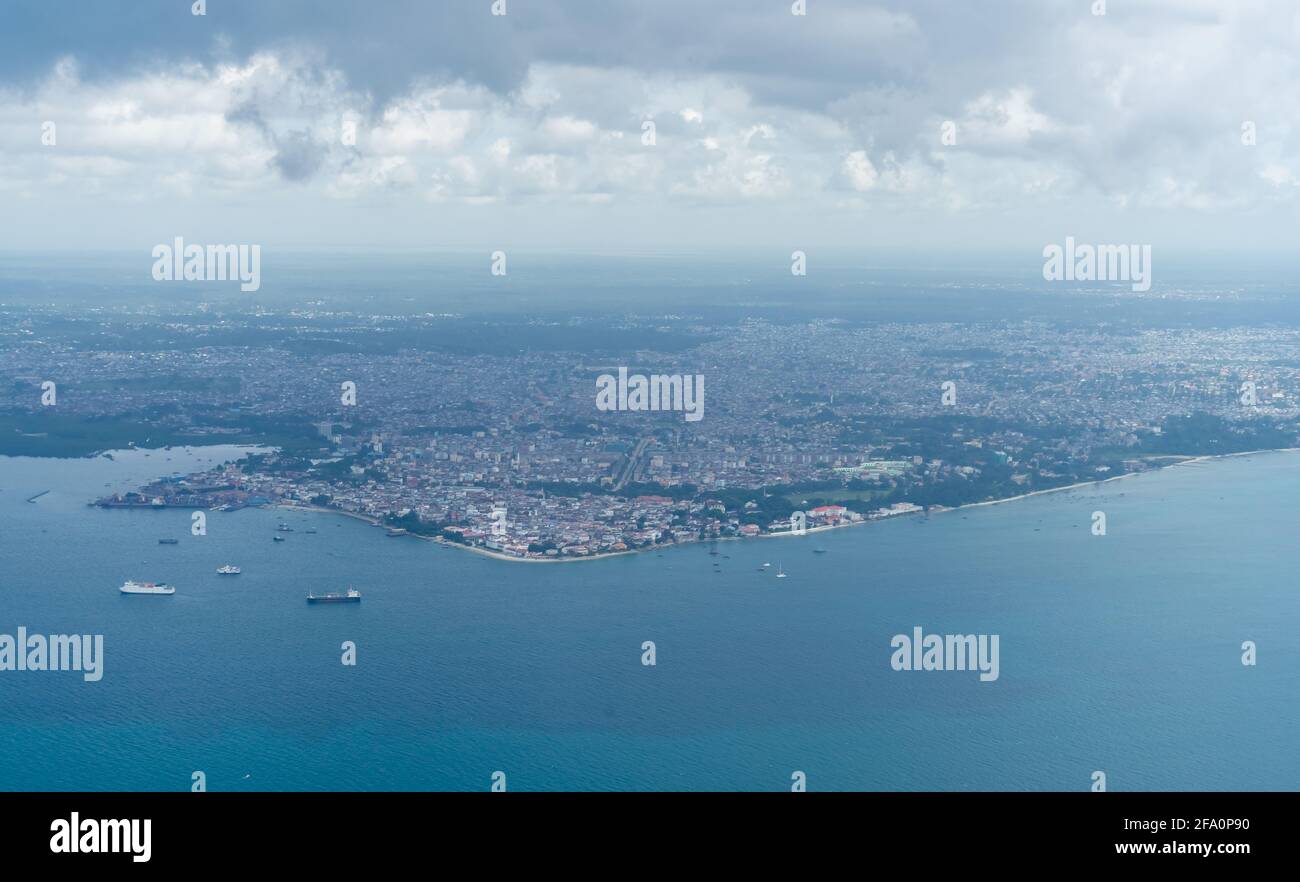 Aerial view on Stone Town, the major city of Zanzibar. Zanzibar is a ...