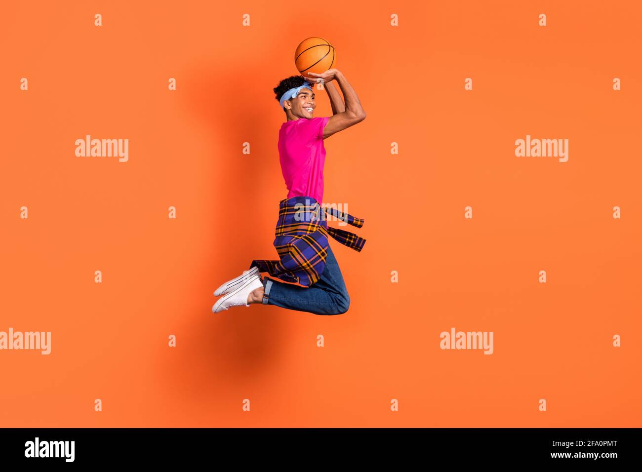 Full length body size side profile photo of guy jumping playing ...