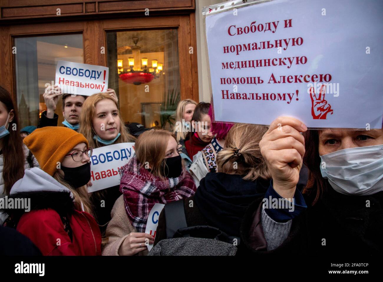 Moscow, Russia. 21st of April, 2021 Activists hold posters reading ...