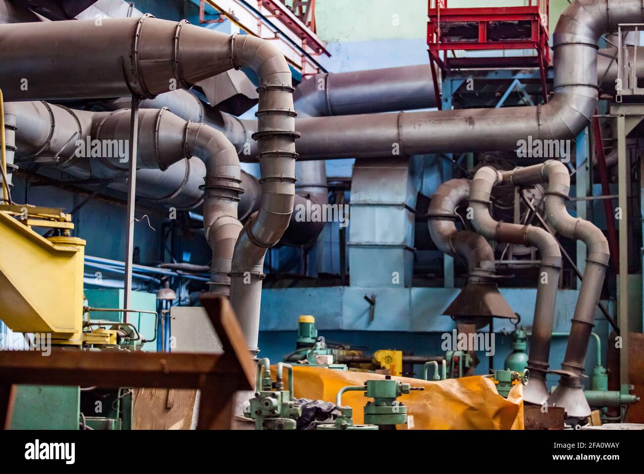 Heavy engineering plant. Grey metal ventilation system pipes ...