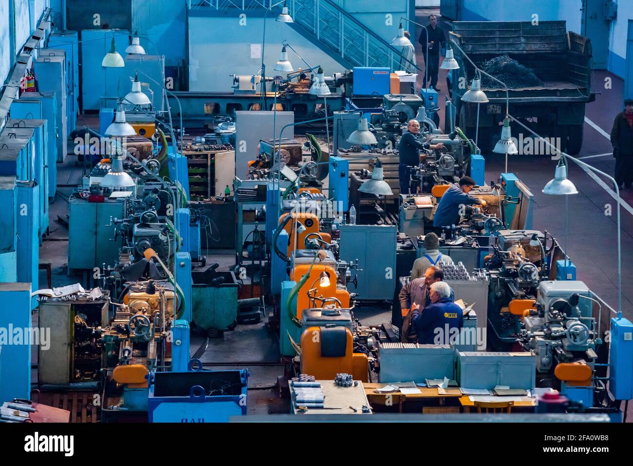 Heavy engineering plant workshop. Vintage soviet turning lathe machines ...