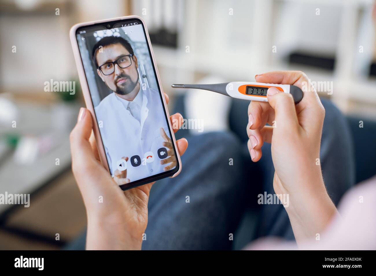 Online medicine concept. Close up screen view of confident bearded ...