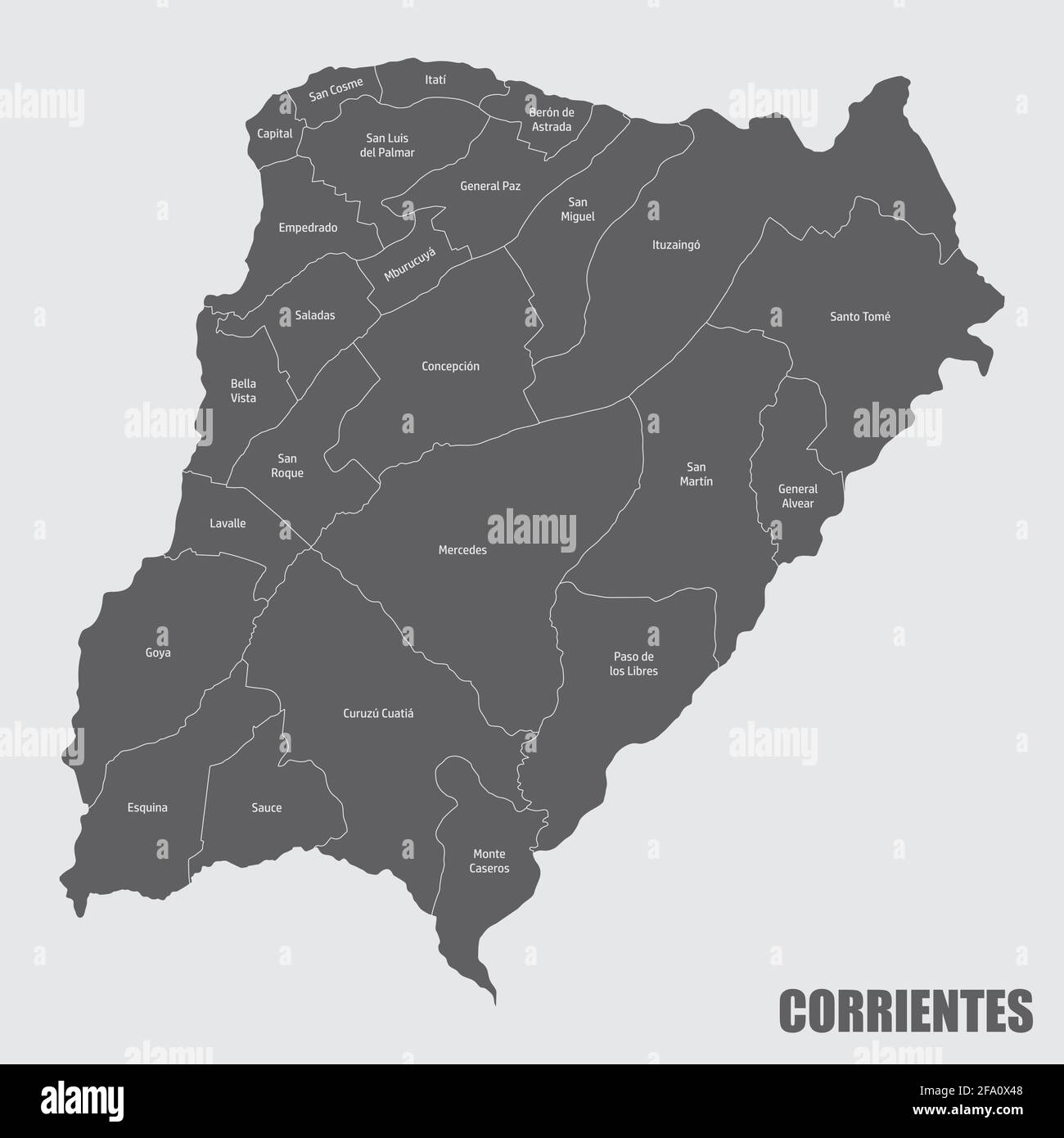The Corrientes province isolated map divided in departments with labels ...
