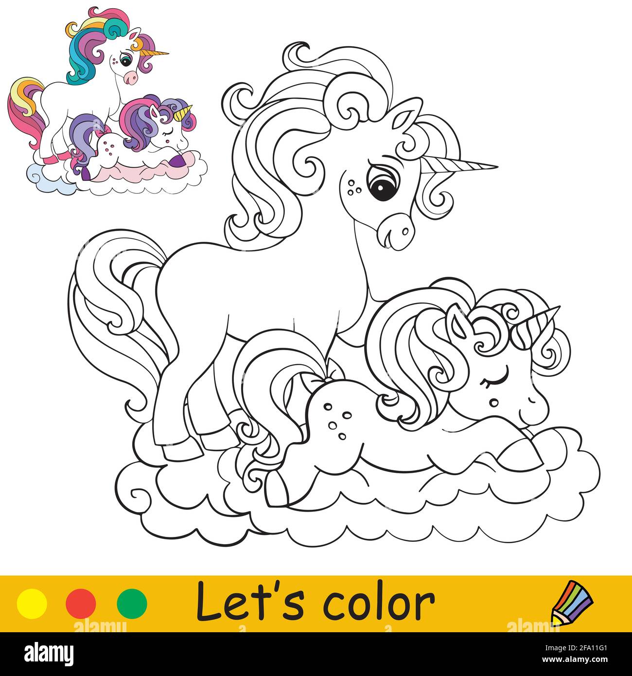 Cute mom and baby unicorns Coloring book page with colorful template ...