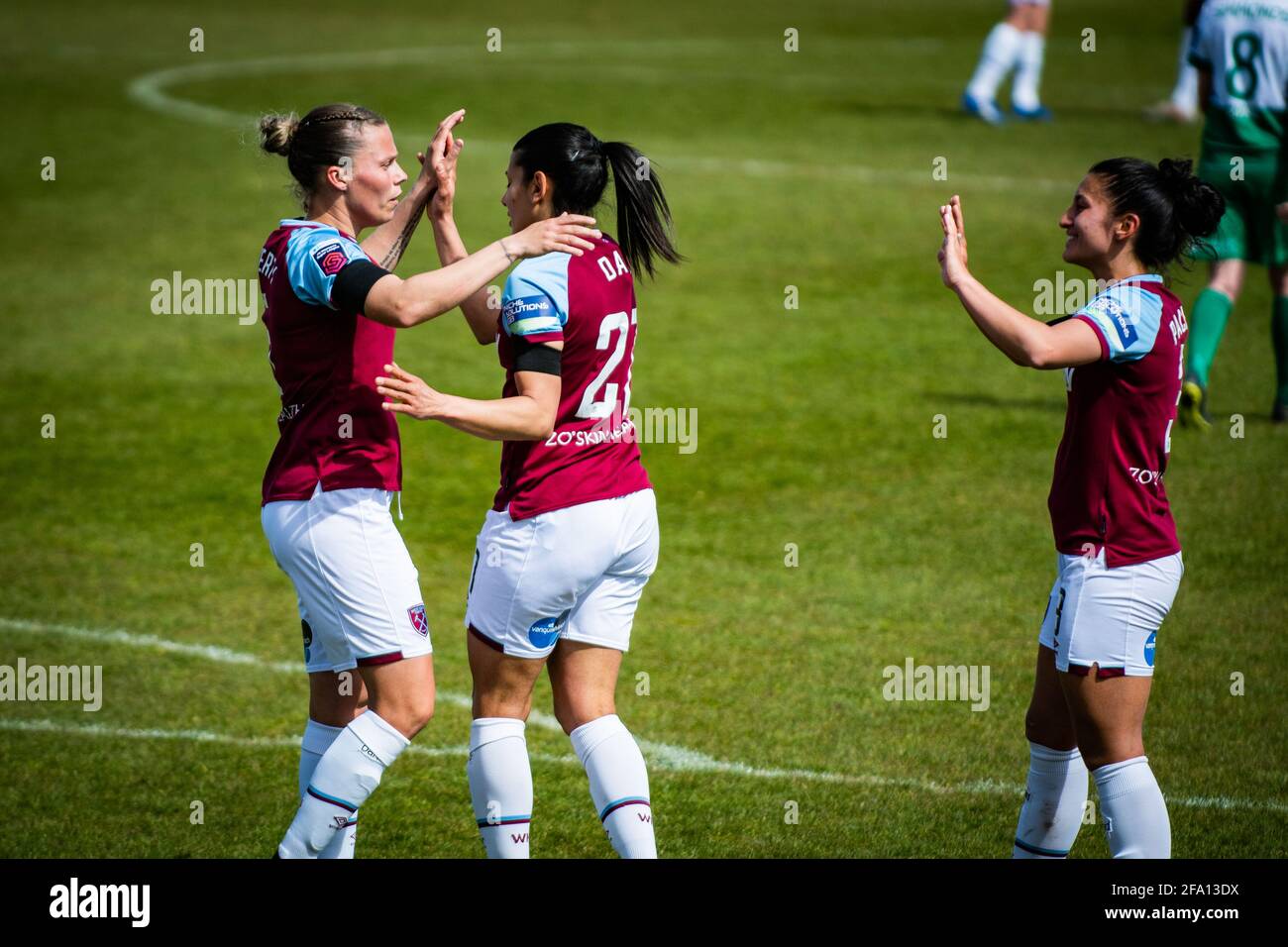 London, UK. 18th Apr, 2021. Gilly Flaherty (West Ham 5) celebrates ...