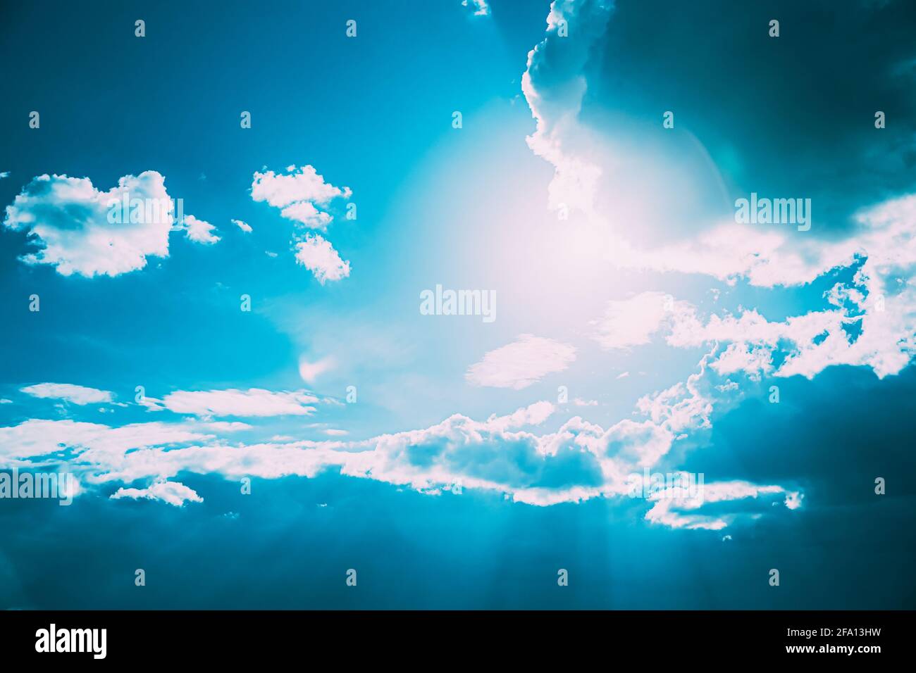 Sunrays Sunray Shine Through Dark Clouds In Cloudy Blue Sky. Natural ...