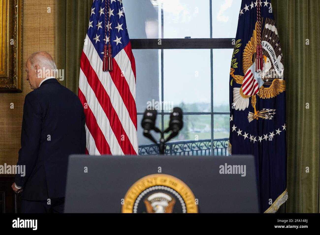 President Joe Biden leaves after speaking from the Treaty Room in the ...