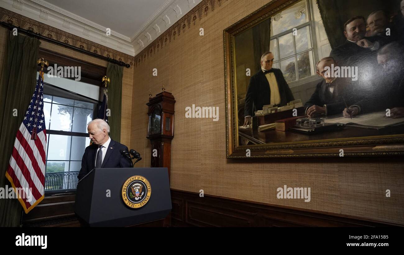 President Joe Biden leaves after speaking from the Treaty Room in the ...