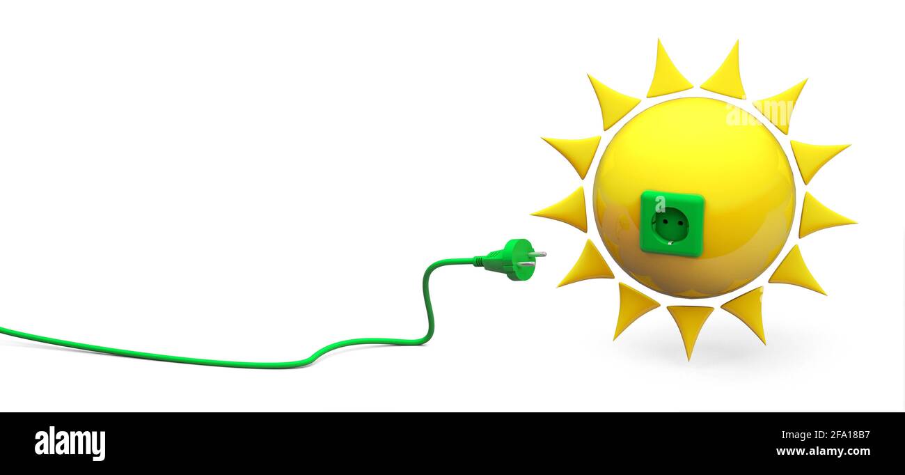 Solar energy. Sun with a socket and a green cable with a plug. isolated ...