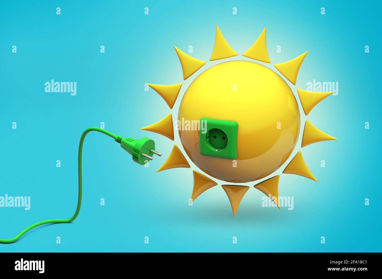 Solar energy. Sun with a socket and a green cable with a plug. Blue ...