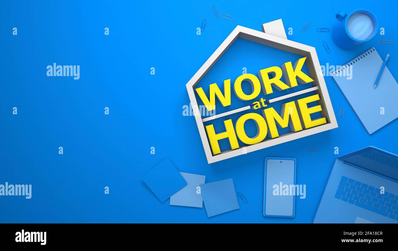 Work at home. Office at home. Blue background, Copy space for text. 3d ...