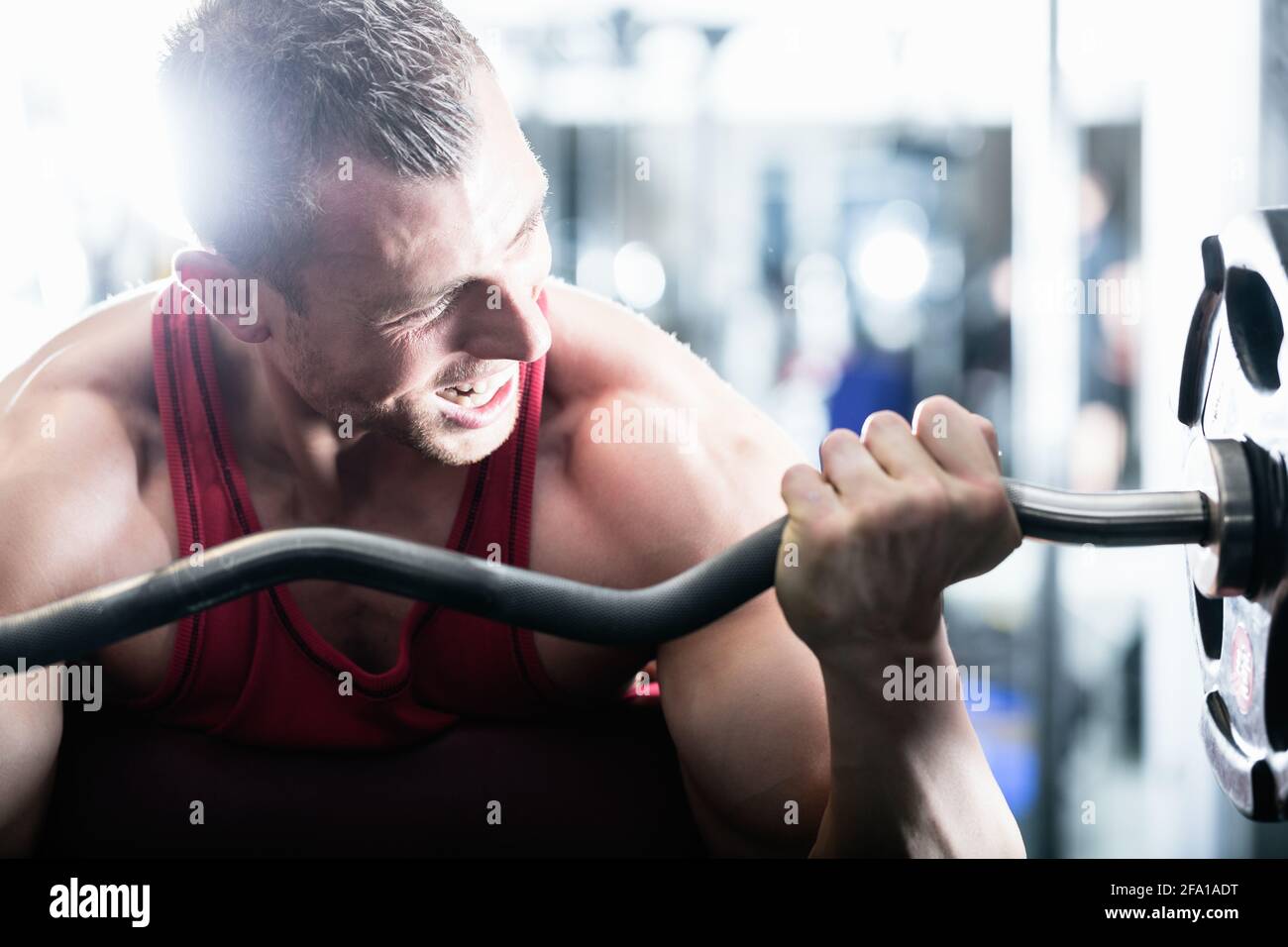 Strong man - bodybuilder with dumbbells in a gym, exercising with a ...