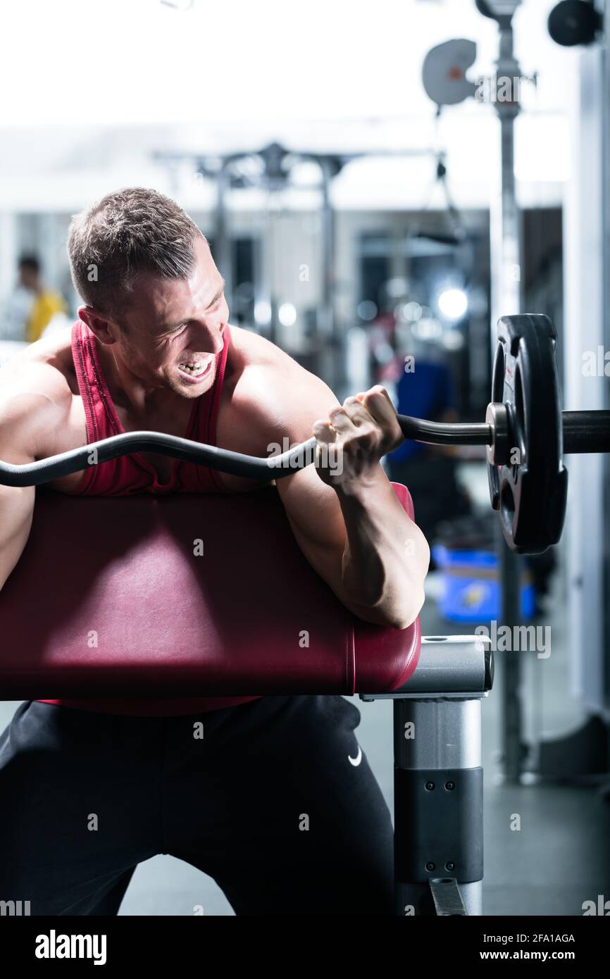 Strong man - bodybuilder with dumbbells in a gym, exercising with a ...